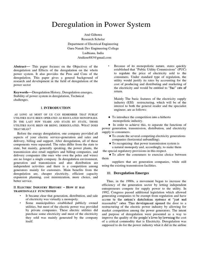 Deregulation in Power System | PDF | Deregulation | Electric Power Industry