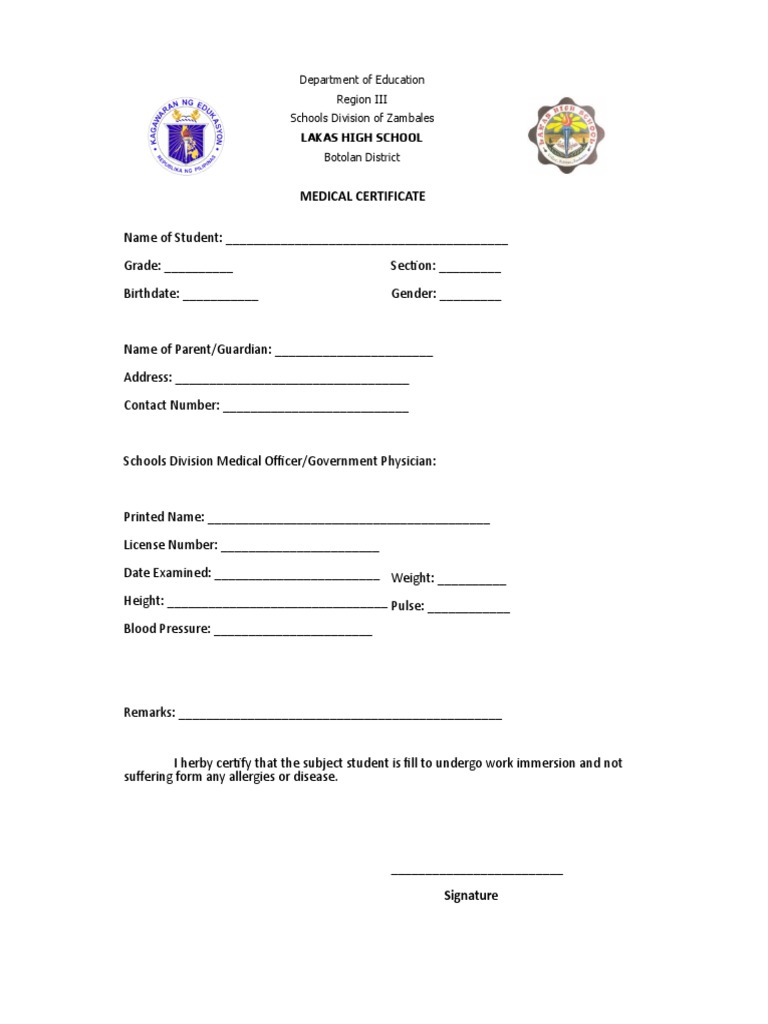 Medical Certificate Work Immersion Sample | PDF | Clinical Medicine ...
