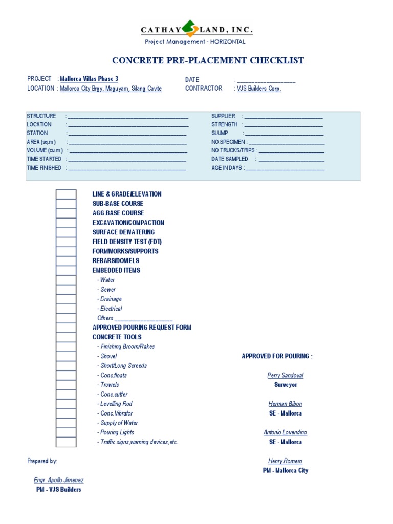 Concrete Pre-Placement Checklist Backup | PDF | Concrete | Infrastructure