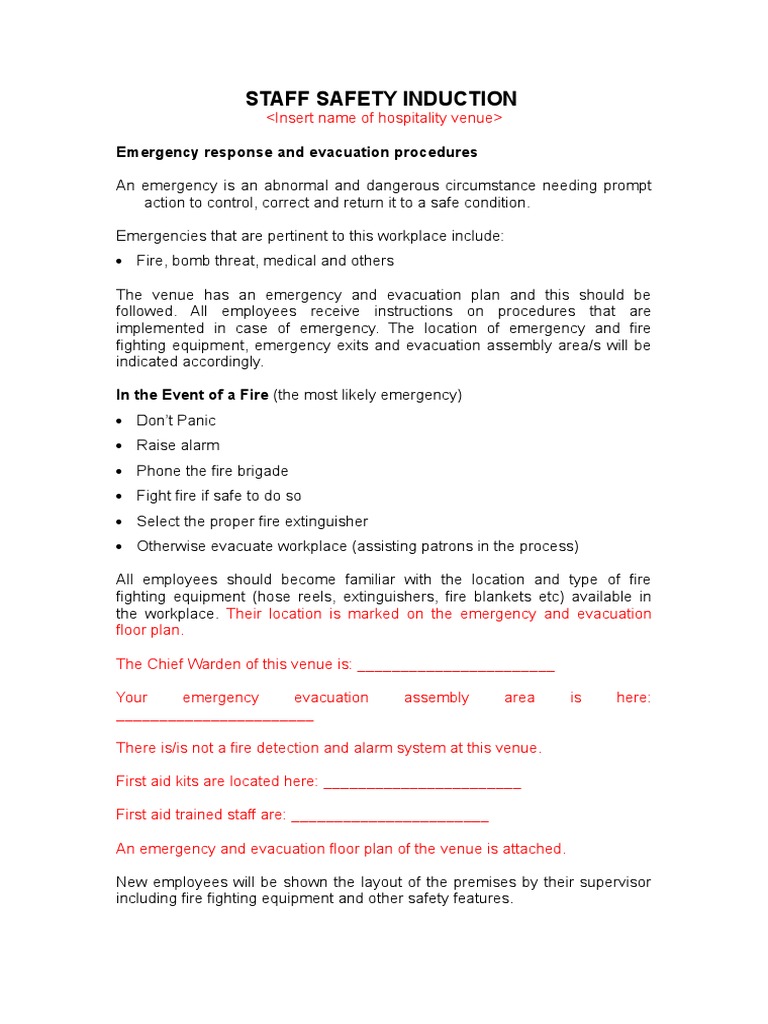 Staff Safety Induction | PDF | Emergency | Hazards