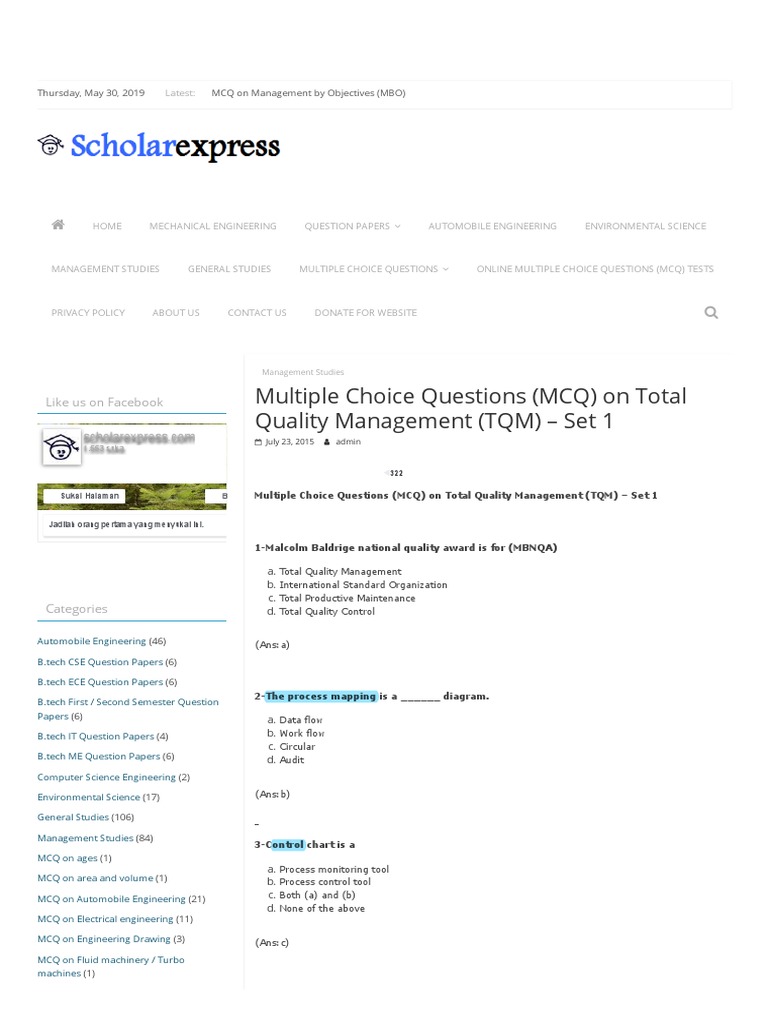 Multiple Choice Questions (MCQ) On Total Quality Management (TQM) - Set ...