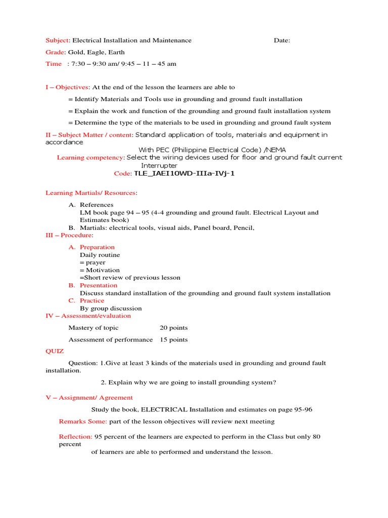 Lesson Plan-Eim-4th Quarter 10&11 | PDF | Electrical Wiring | Lighting