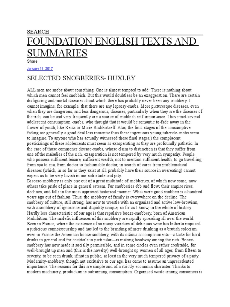Foundation English Texts and Summaries: Selected Snobberies-Huxley | PDF