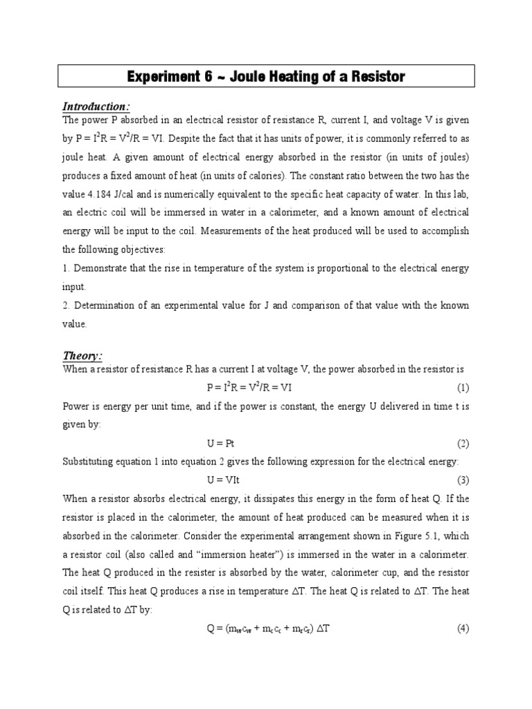 Experiment 6 Joule Heating of A Resistor | PDF | Calorie | Power (Physics)