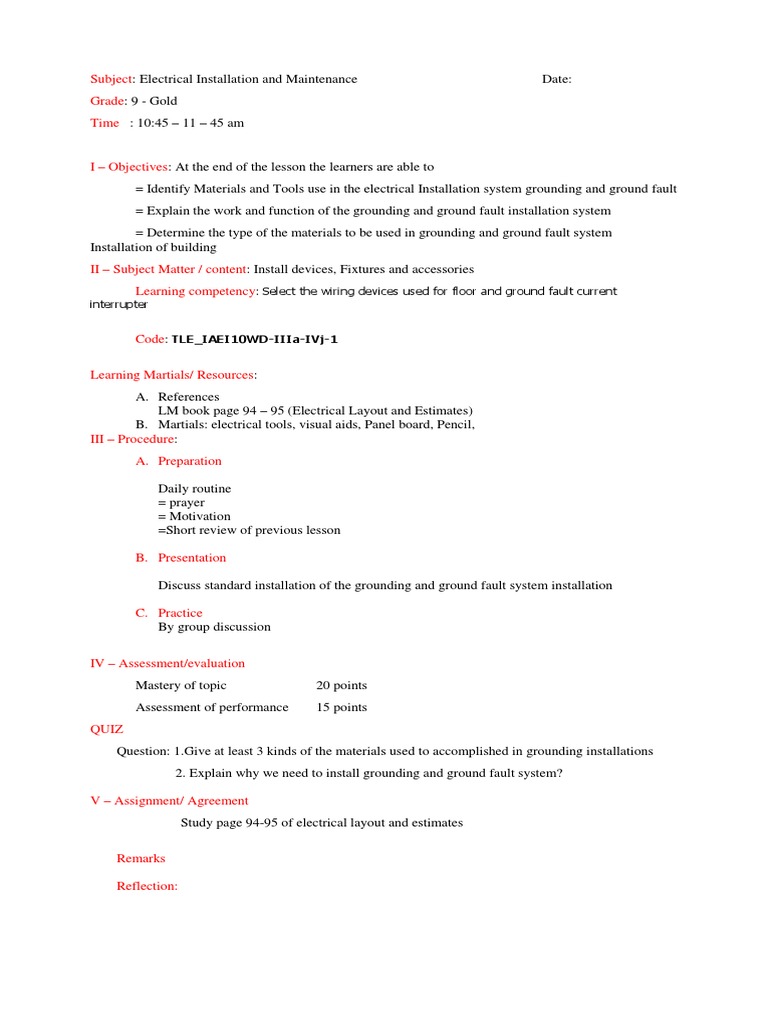 Lesson Plan Grade 9 | Download Free PDF | Electrical Wiring | Lesson Plan