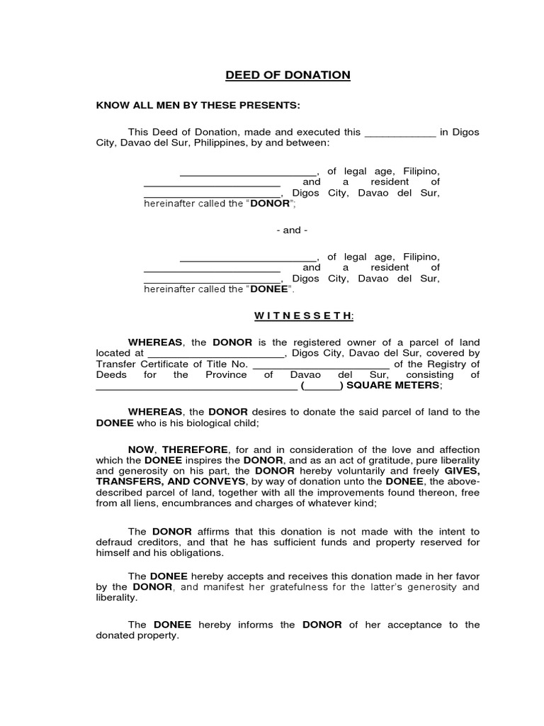 Deed of Donation Format | PDF | Deed | Property Law
