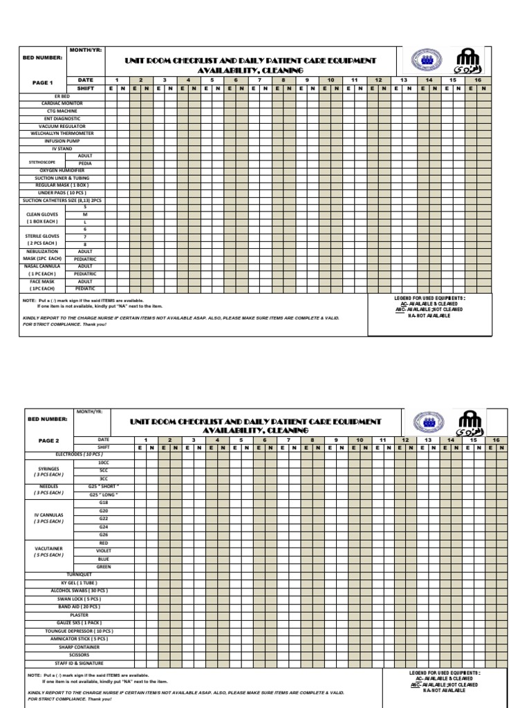 Unit Room Checklist and Daily Patient Care Equipment Availability ...