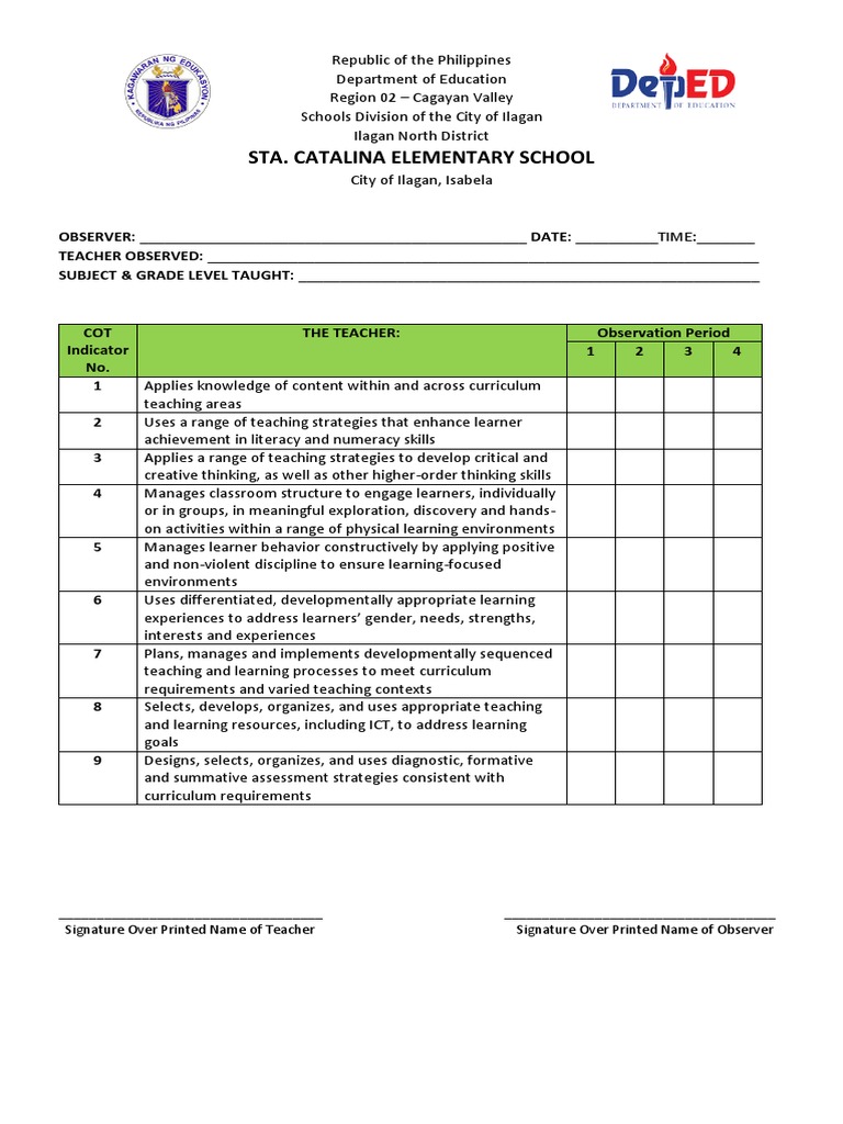 COT-RPMS Observation Form | PDF | Curriculum | Learning