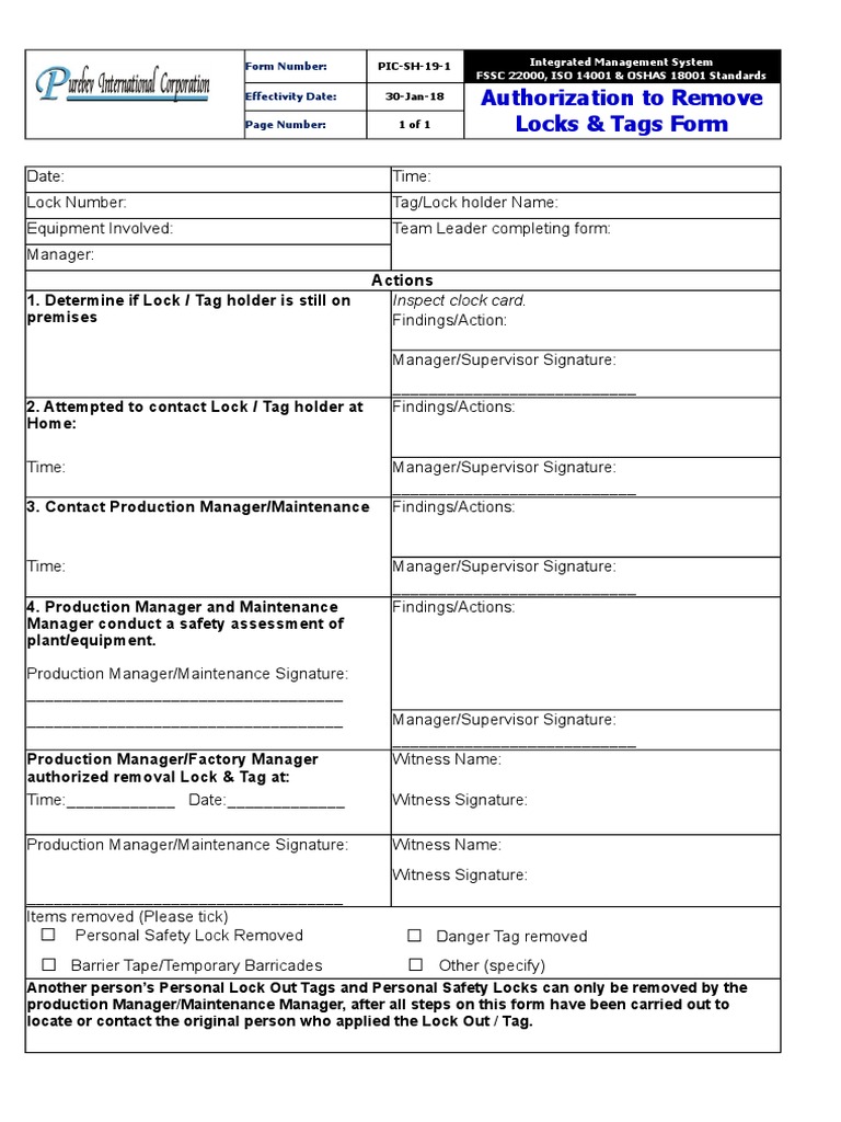 SH-19 Authorization To Remove Locks & Tags Form Rev2018 | Download Free ...