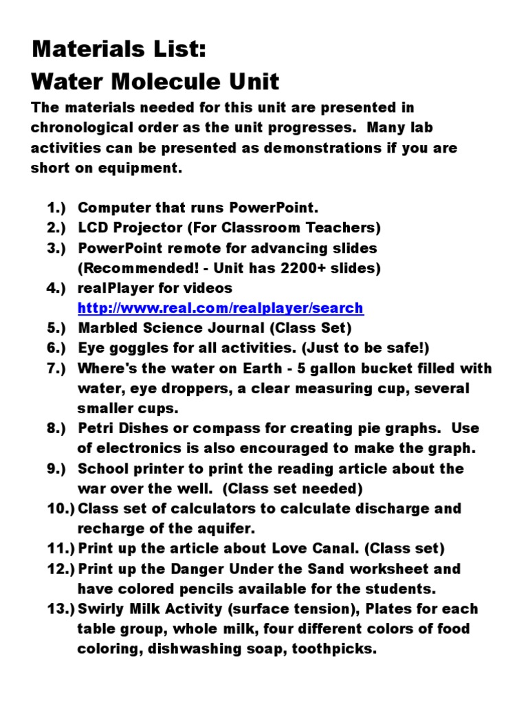 Water Molecule Unit Materials List | PDF | Ice | Hydrochloric Acid