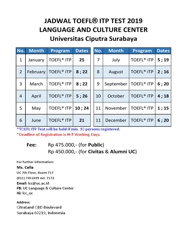 Schedule of TOEFL ITP Test 2019 at UC | PDF
