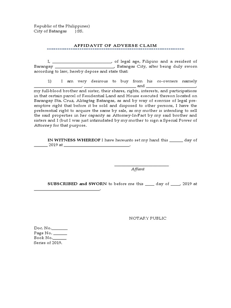 Affidavit of Adverse Claim in Batangas | PDF | Affidavit | Deed