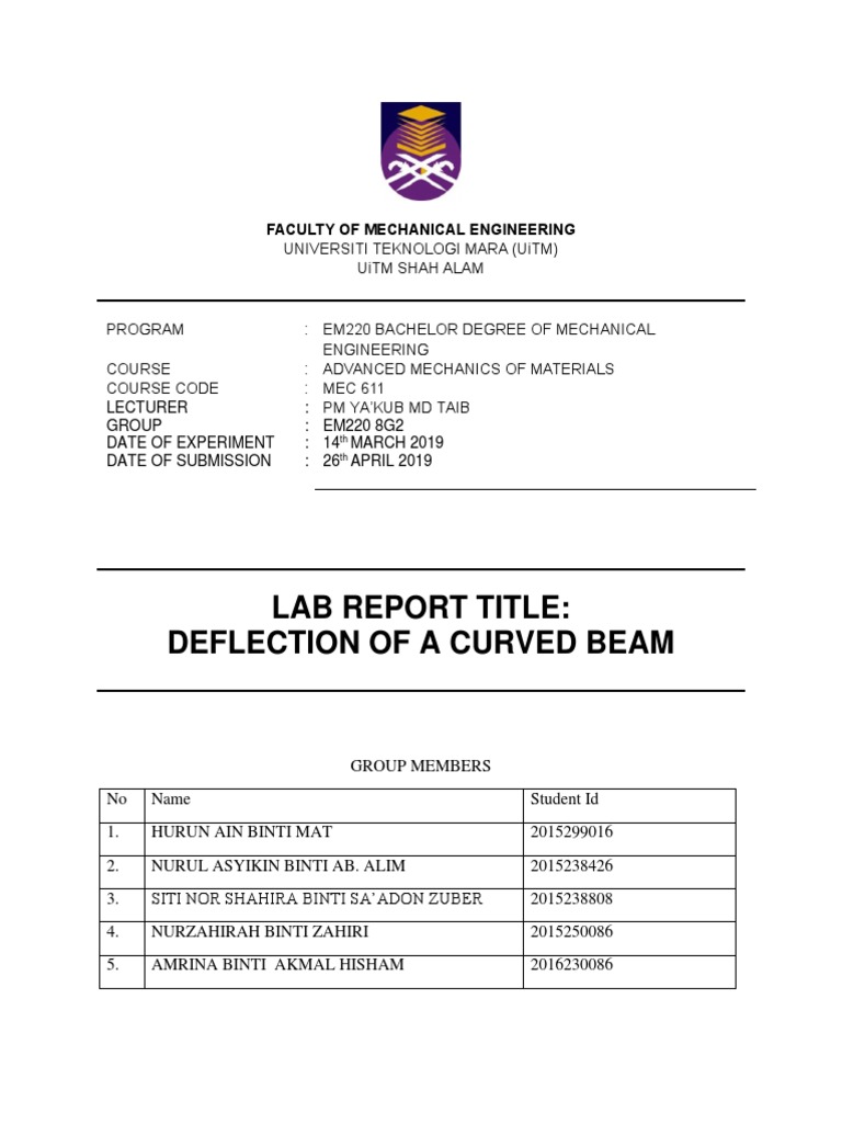 Deflection of a Curved Beam Lab Report | PDF