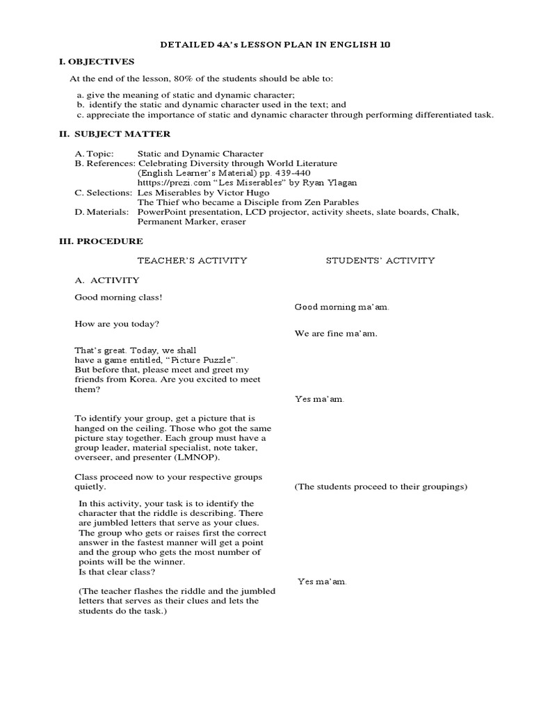 Static and Dynamic Character Lesson Plan | PDF | Cosette | Marius Pontmercy