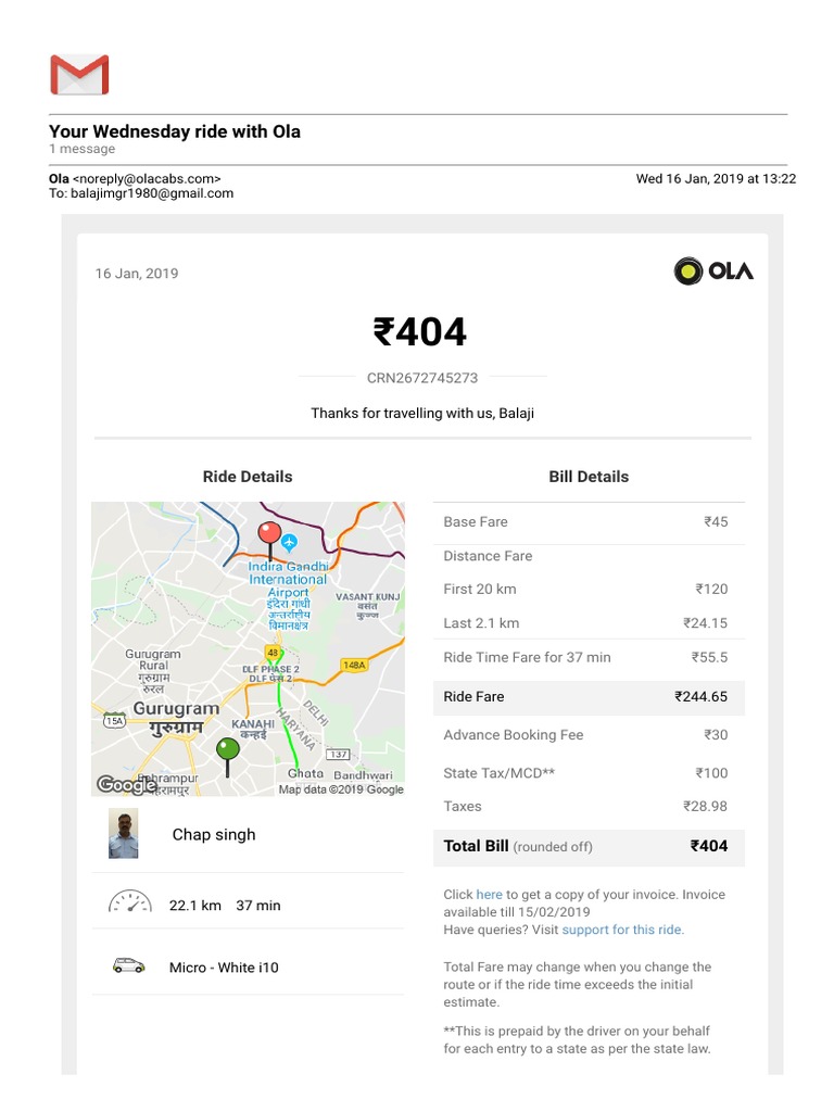 Your Wednesday Ride With Ola: Ride Details Bill Details | PDF | Invoice ...