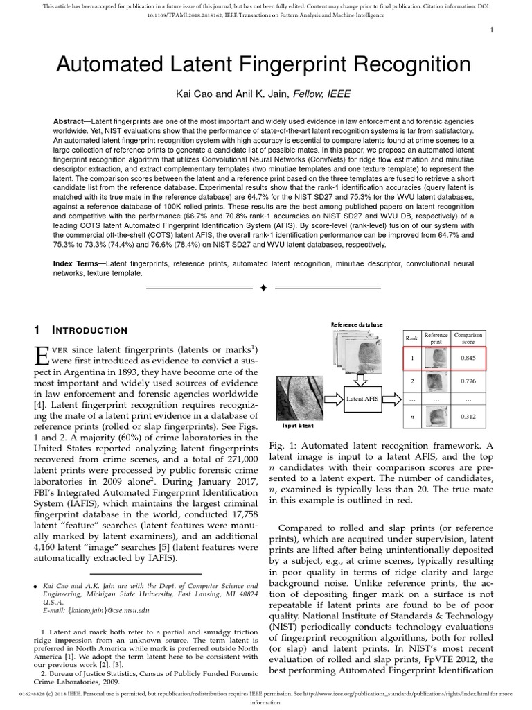 Automated Latent Fingerprint Recognition Kai Cao And Anil K Jain