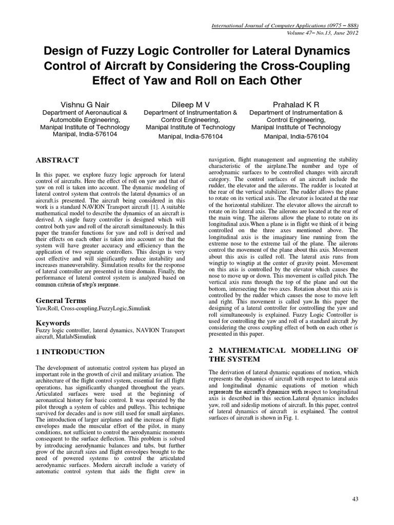 Design of Fuzzy Logic Controller For Lateral Dynamics Control of Aircraft by Considering The ...