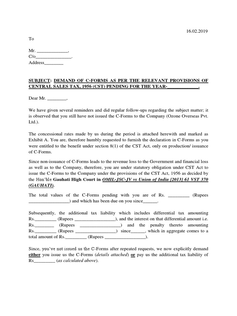 Subject: Demand of C-Forms As Per The Relevant Provisions of CENTRAL ...