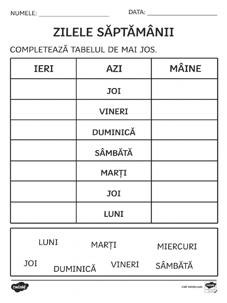 Zilele Saptamanii Fisa de Activitate PDF | PDF