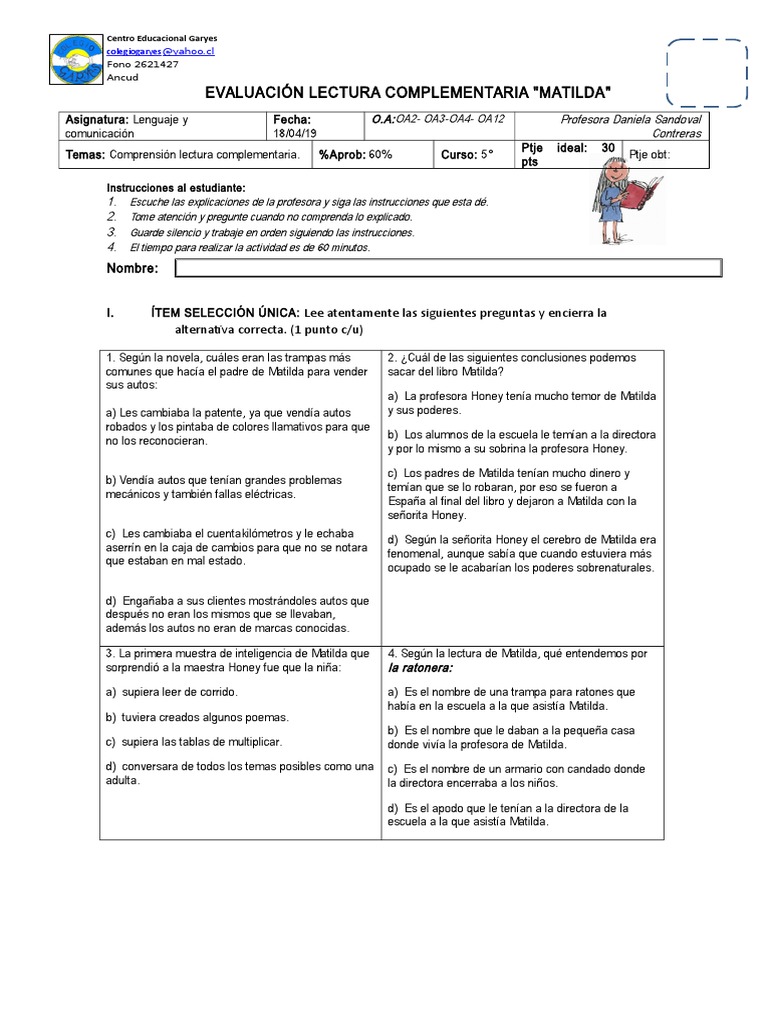 5° Prueba Lectura Matilda | PDF | Libros infantiles británicos | Novelas británicas adaptadas a ...