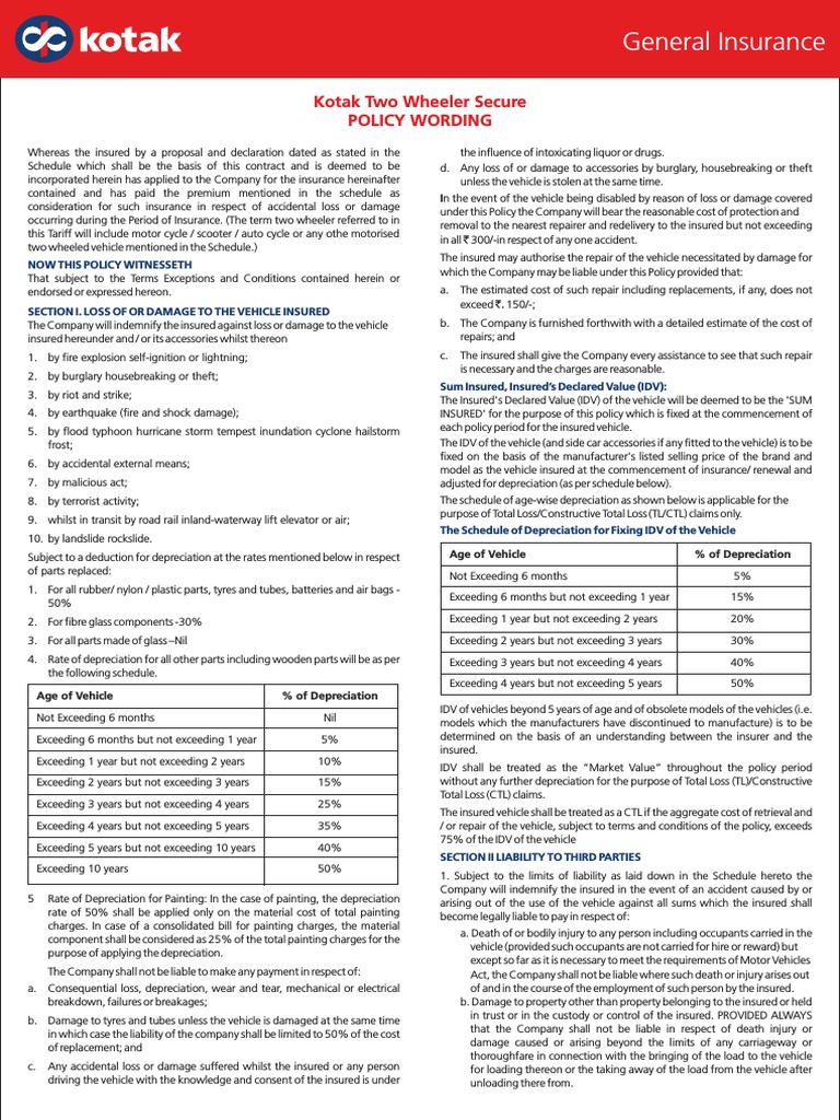 General Insurance: Kotak Two Wheeler Secure Policy Wording | PDF ...