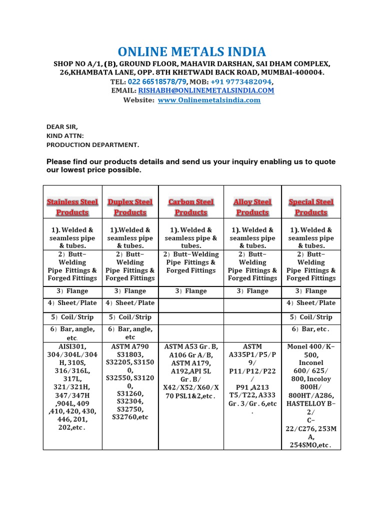 Online Metals India | PDF | Pipe (Fluid Conveyance) | Steel