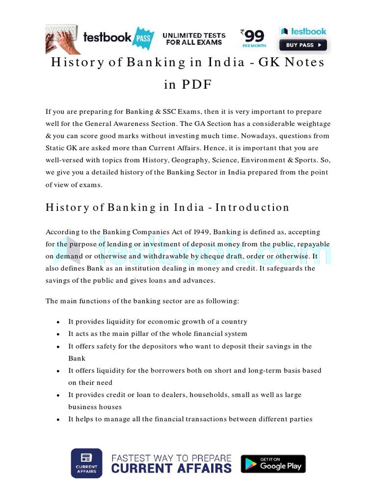 History of Banking in India GK Notes in PDF 2 PDF | PDF | Reserve Bank ...
