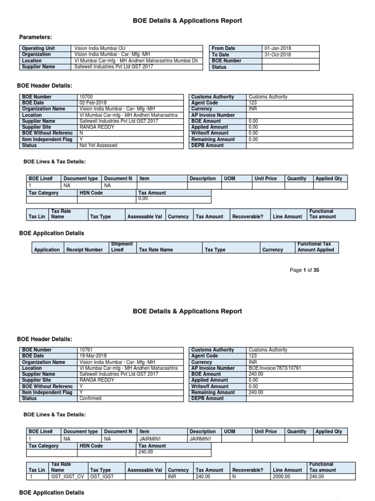 India BOE Details and Applications Report | PDF | Invoice | Receipt