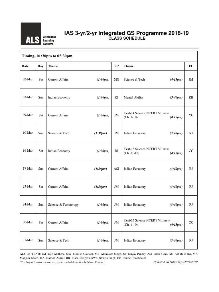 IAS 3-Yr/2-Yr Integrated GS Programme 2018-19: Class Schedule | PDF