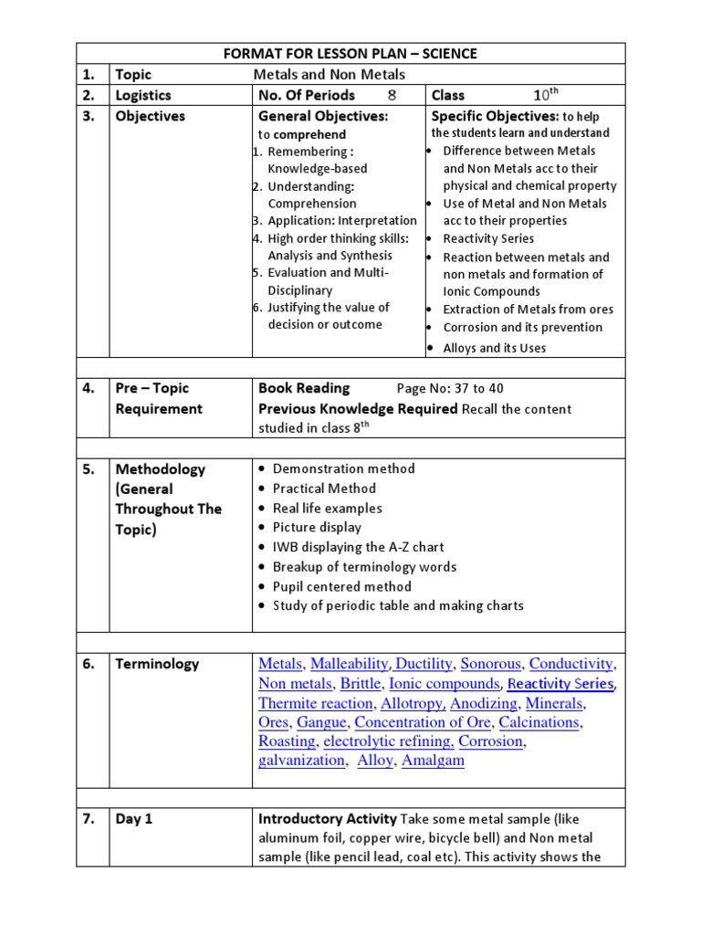 Class 10 Lesson Plan: Metals & Non-Metals | PDF | Ductility | Metals