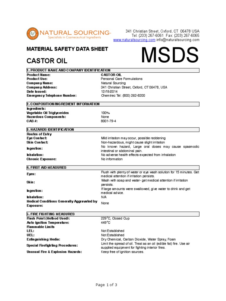 Castor Oil: Material Safety Data Sheet | PDF | Dangerous Goods | Combustion