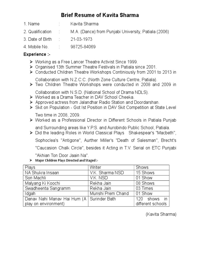 Brief Resume of Kavita Sharma: Experience | PDF
