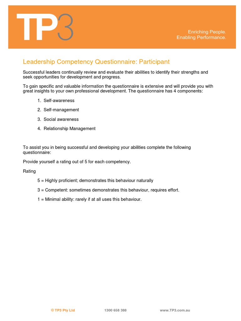 Participant Leadership Competency Questionnaire | PDF | Leadership ...