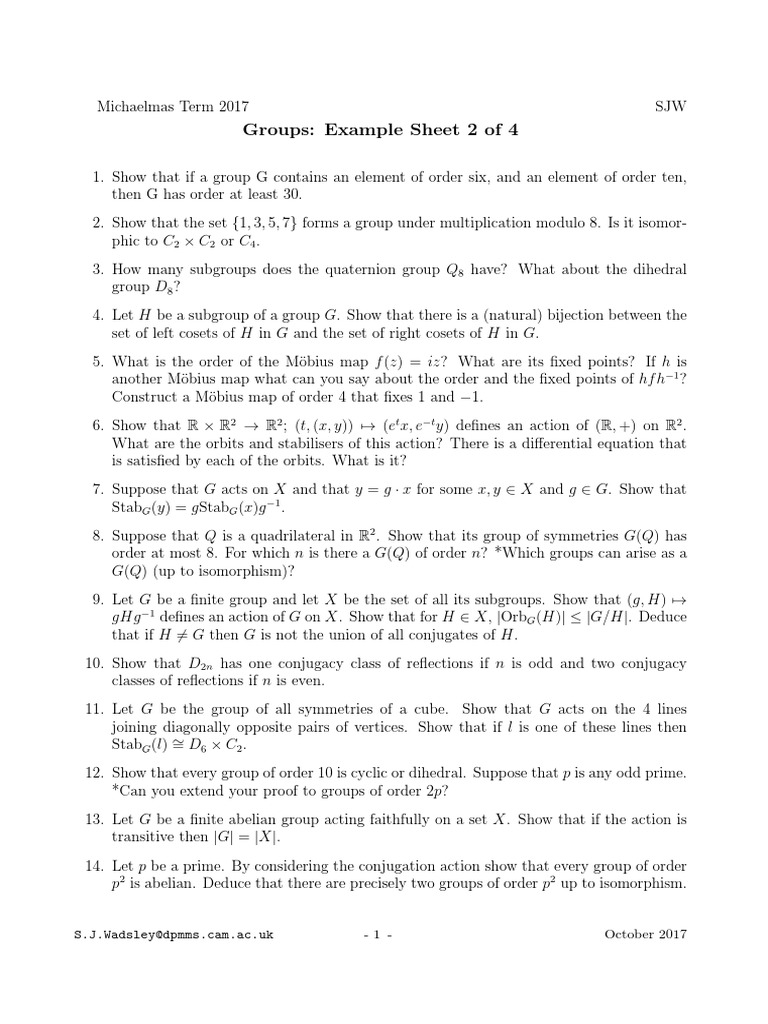 Groups: Example Sheet 2 of 4: S.J.Wadsley@dpmms - Cam.ac - Uk - 1 ...