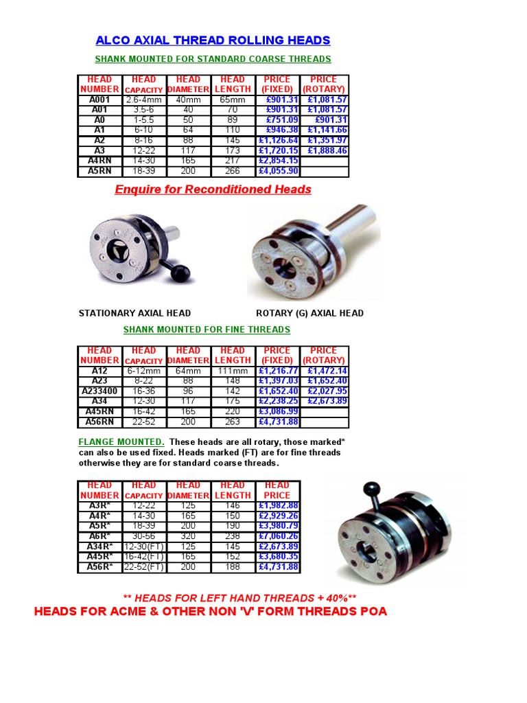 Alco Thread Rolling Heads | PDF | Metalworking | Mechanical Engineering
