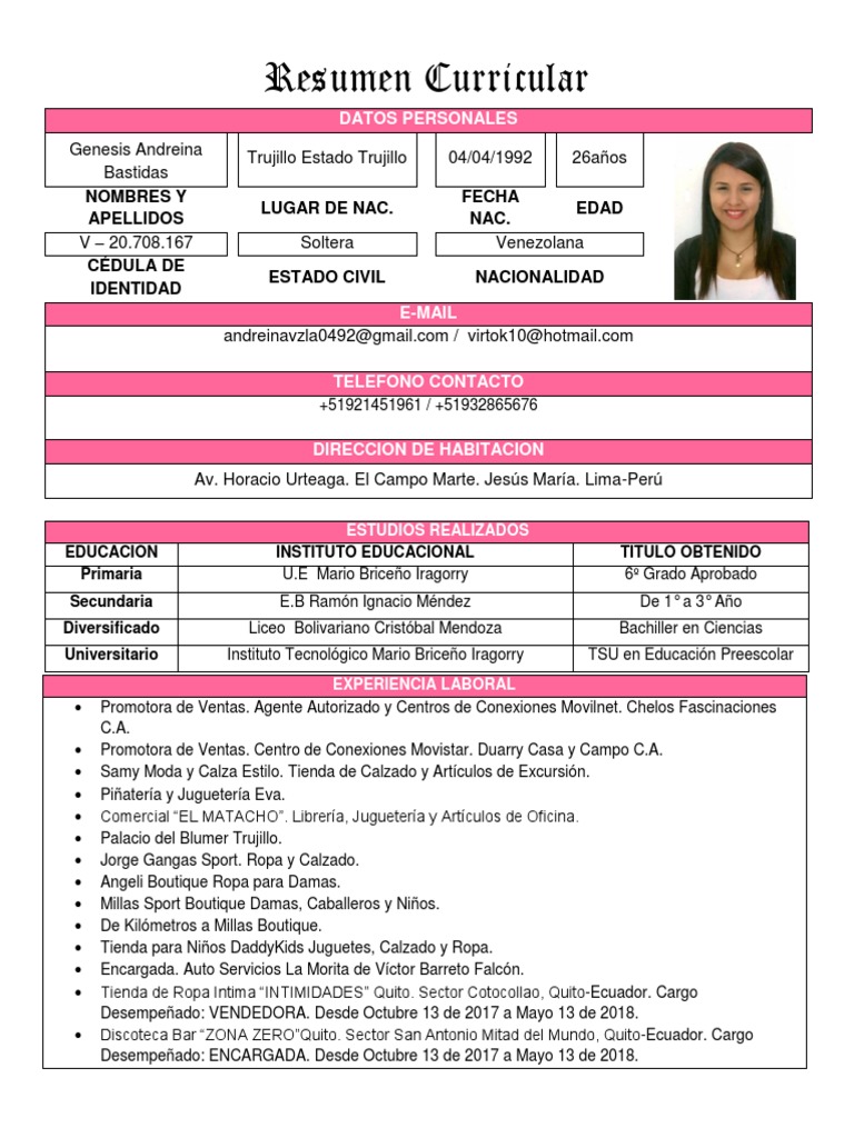 NVO CURRICULUM Genesis Bastidas | PDF | Etapas educativas | Psicoterapia