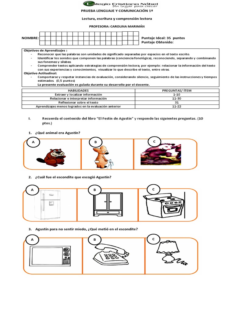 Prueba El Festin de Agustin | PDF | Comprensión lectora | Ciencia cognitiva
