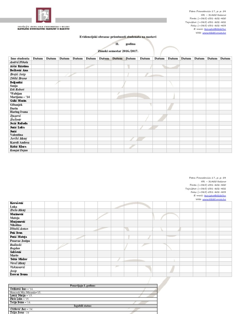 Evidencijski Obrazac Prisutnosti Studenata Na Nastavi, I. Godina | PDF