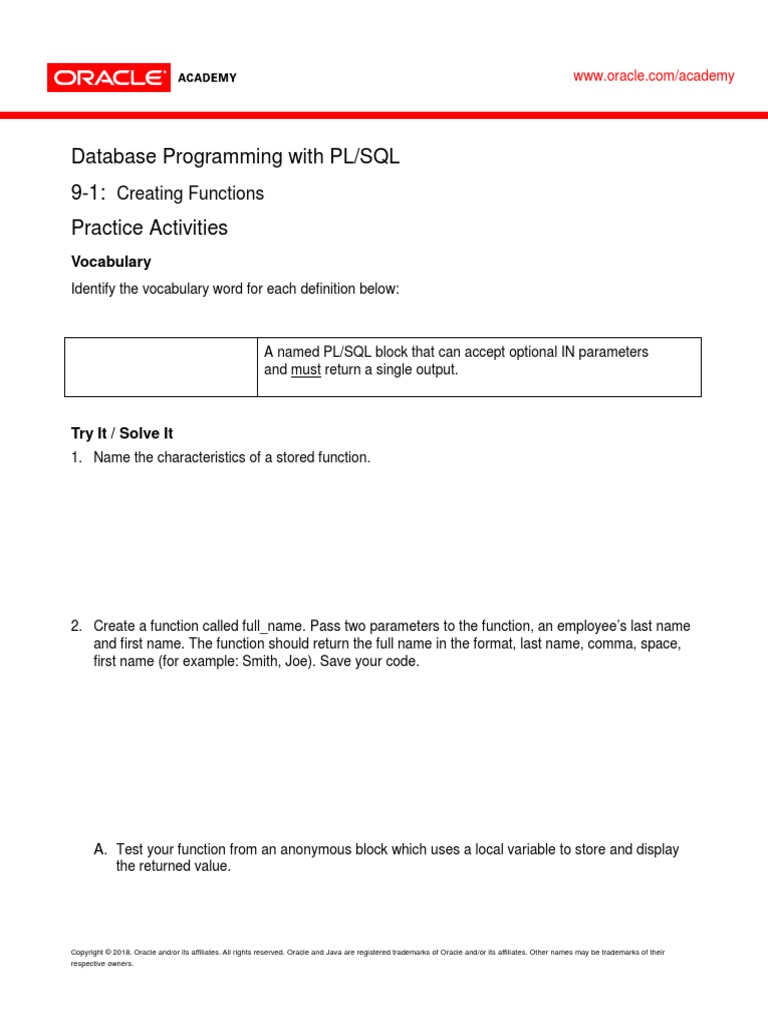 Database Programming With PL/SQL 9-1: Practice Activities: Creating Functions | PDF | Subroutine ...