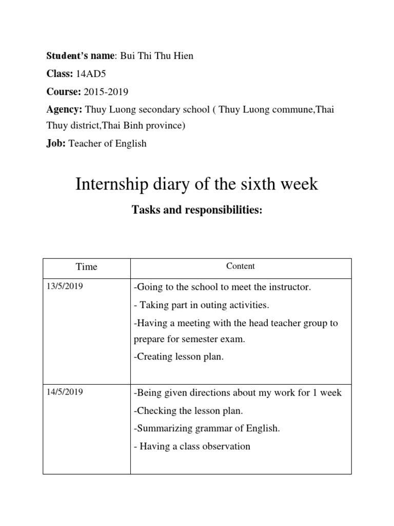 Internship Diary of The Sixth Week: Tasks and Responsibilities | PDF ...