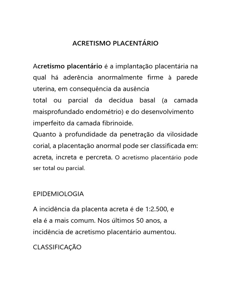 Acretismo Placentário | PDF | Placenta | Saúde feminina
