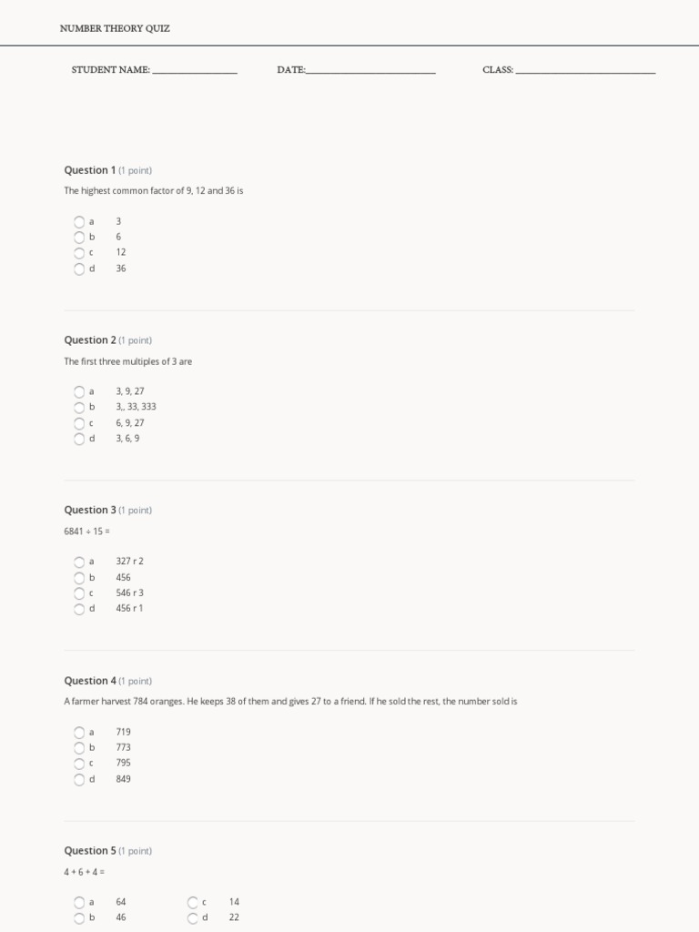 Number Theory Quiz Questions | PDF