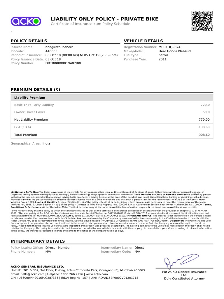 Liability Only Policy - Private Bike: Policy Details Vehicle Details ...
