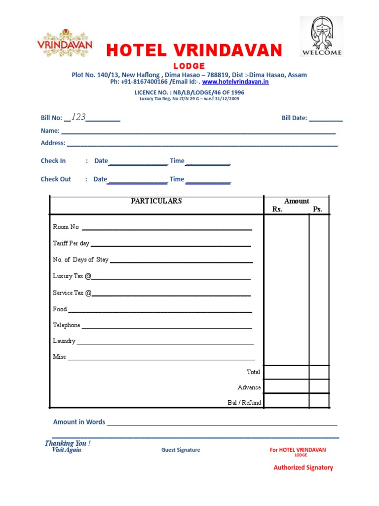 Guwahati Hotel Bill Format Sample | PDF