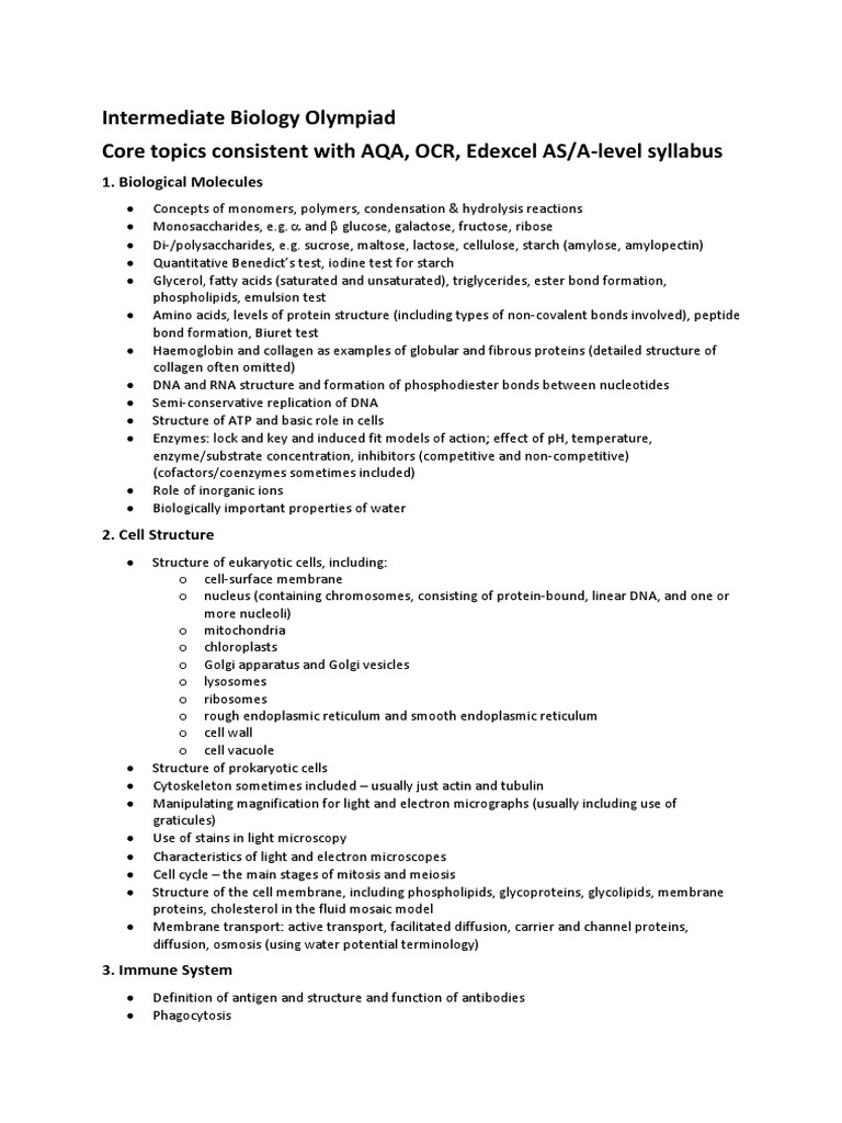 Intermediate Biology Olympiad Syllabus | PDF | Enzyme | Cell Membrane