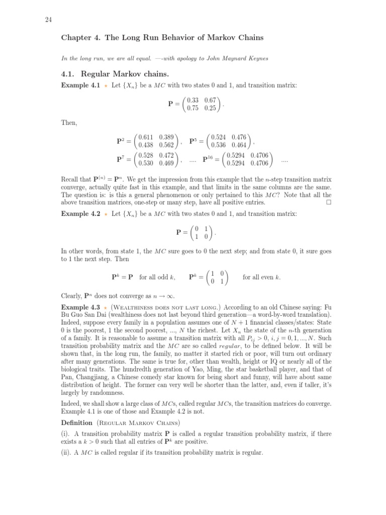 Chapter 4. The Long Run Behavior of Markov Chains | PDF | Matrix (Mathematics) | Markov Chain