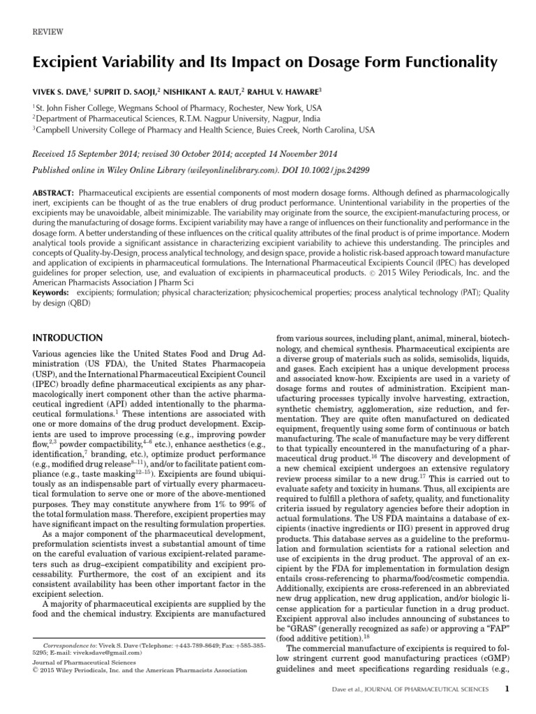 Excipient Variability and Its Impact On Dosage Form Functionality | PDF | Tablet (Pharmacy ...
