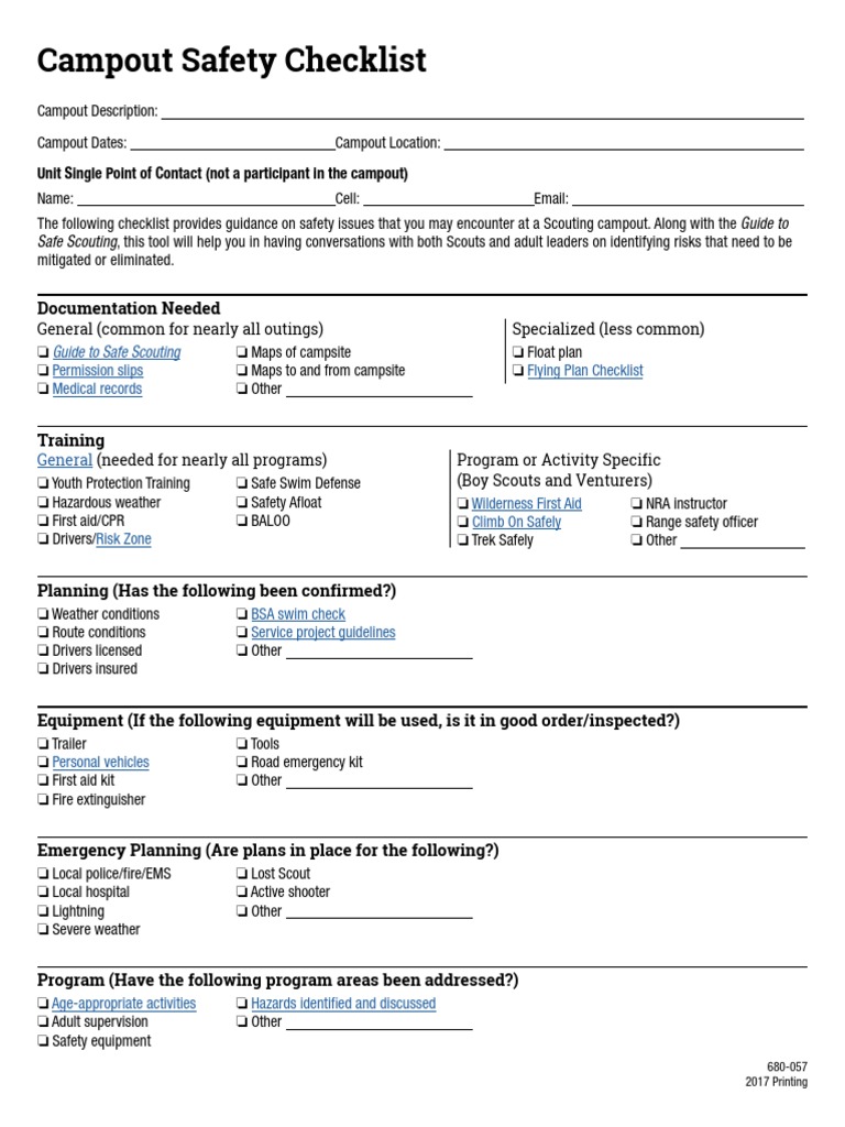 Campout Safety Checklist: Unit Single Point of Contact (Not A ...