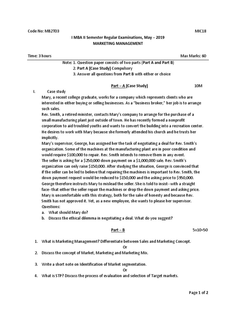 MBA Marketing Management Exam May 2019 | PDF | Sales | Marketing
