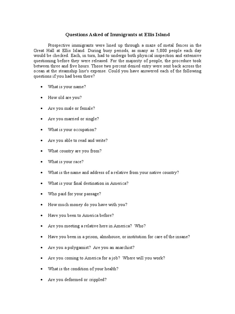 Questions Asked of Immigrants at Ellis Island | PDF